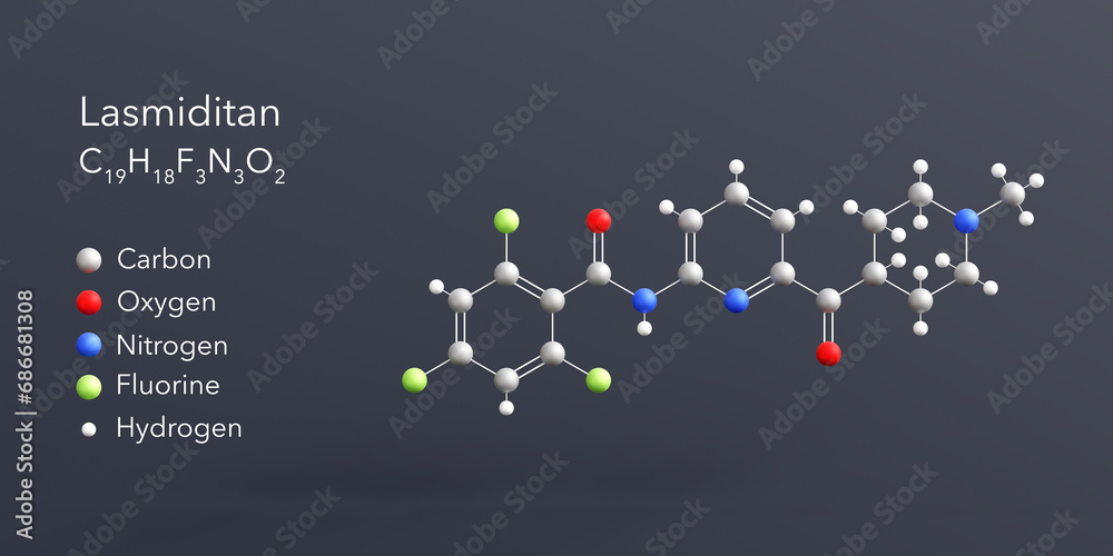 lasmiditan molecule 3d rendering, flat molecular structure with ...