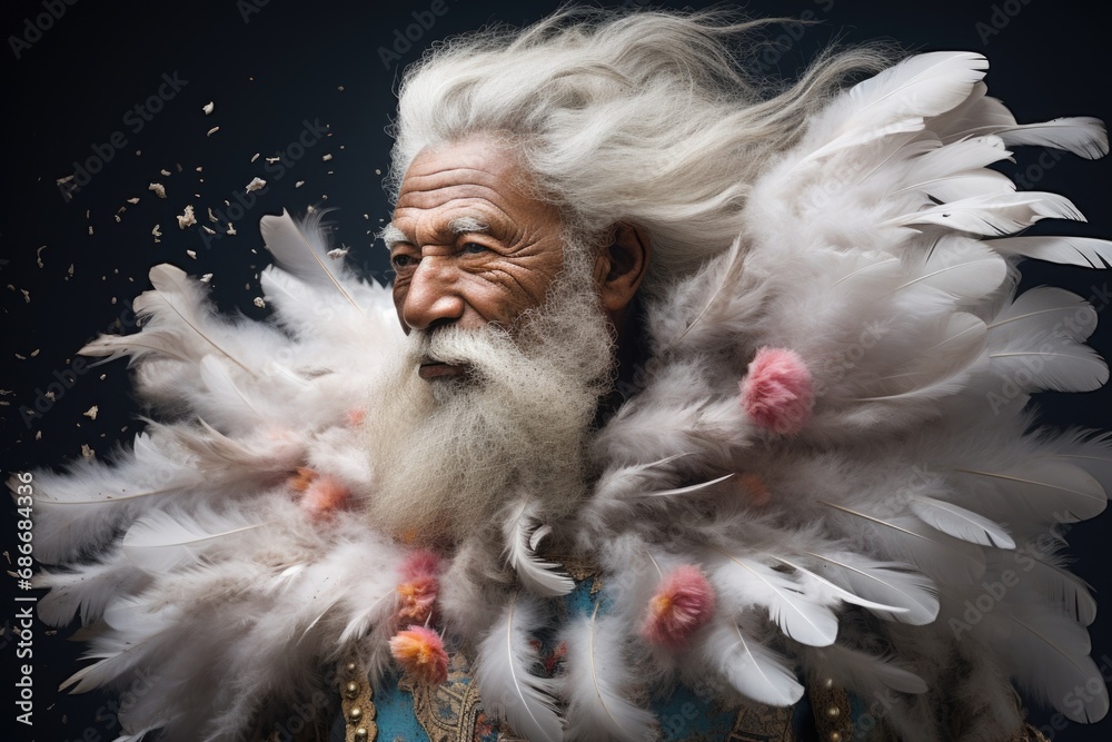 A picture of a man with a long white beard wearing feathers. This image ...