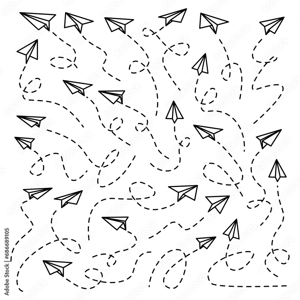 Paper airplane lines. flying Paper airplane with dotted track direction ...