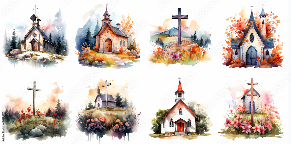 Churches and crosses rural landscape watercolor clipart set isolated on ...