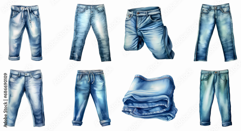 Jeans clothing. fashion denim jeans clipart set isolated on a white ...