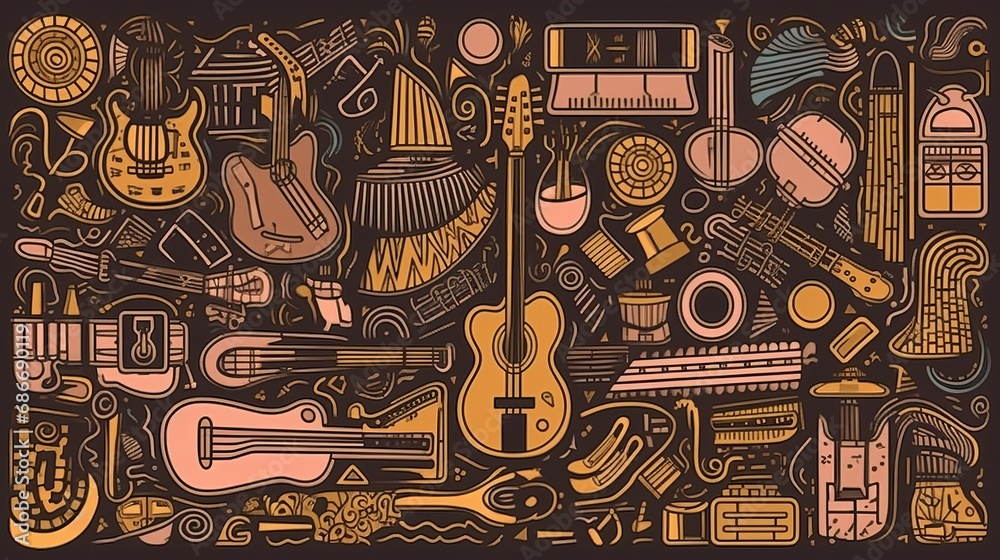Pattern of different musical instruments illustration in line art style ...