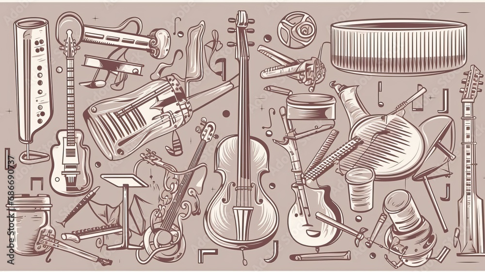 Pattern of different musical instruments illustration in line art style ...