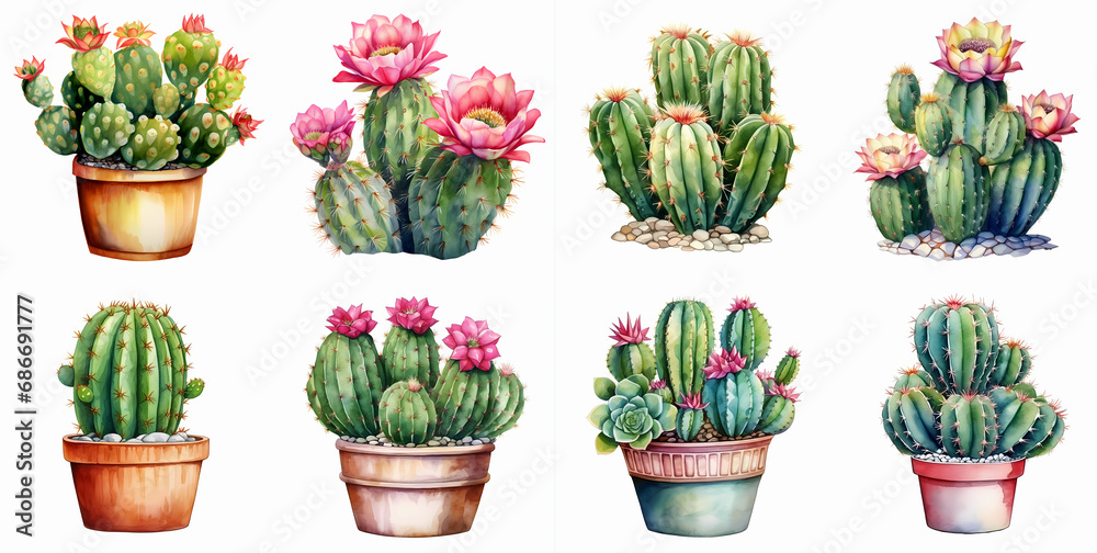 Watercolor potted cactus with flowers clipart set isolated on a white ...