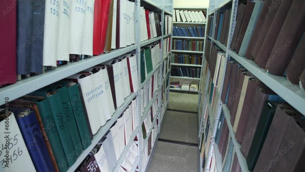 Medical legal numbered documents on shelves of archive in paper folders ...
