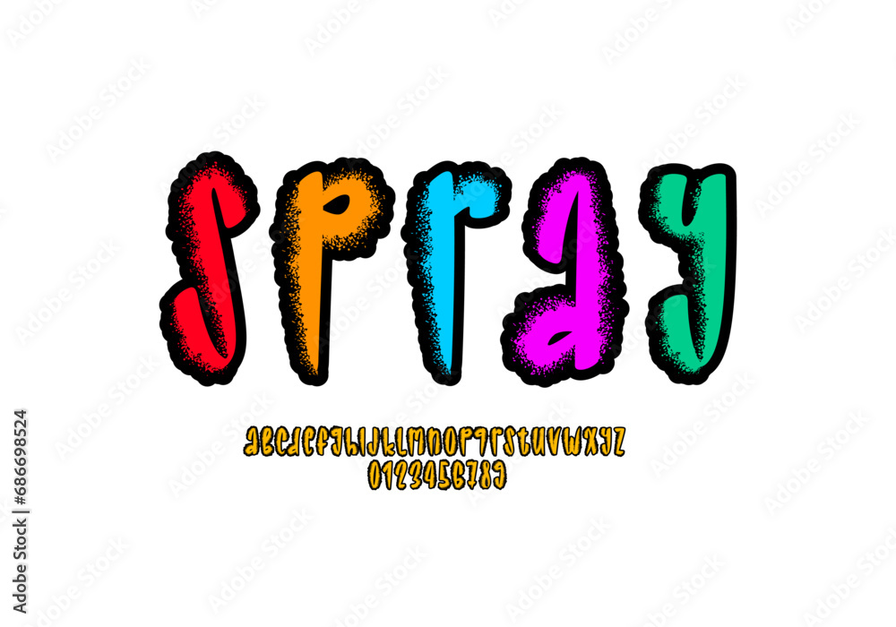 Spray graffiti font alphabet in the City street art style, bright ...