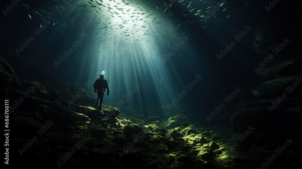 Scuba diver underwater exploring the deep ocean. Concept of Underwater ...