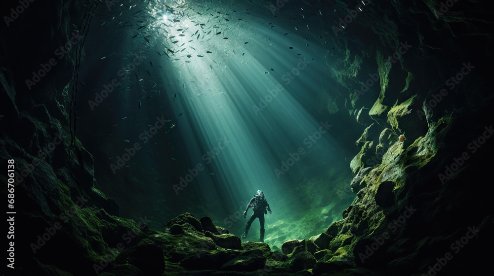 Scuba diver underwater exploring the deep ocean. Concept of Underwater ...