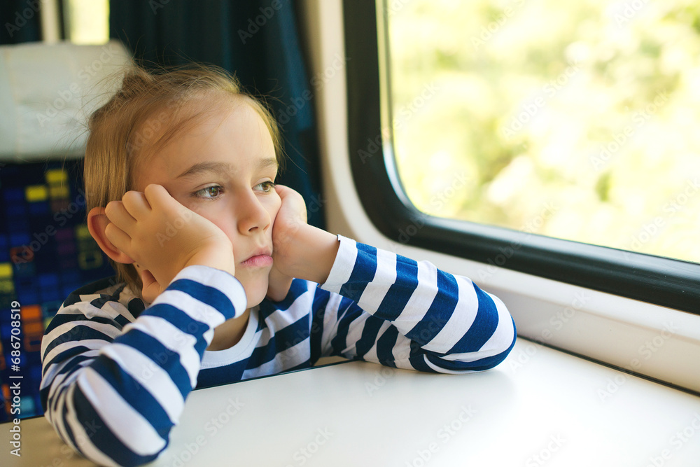Little boy is traveling on the train. Kid travels on a train. Cute ...