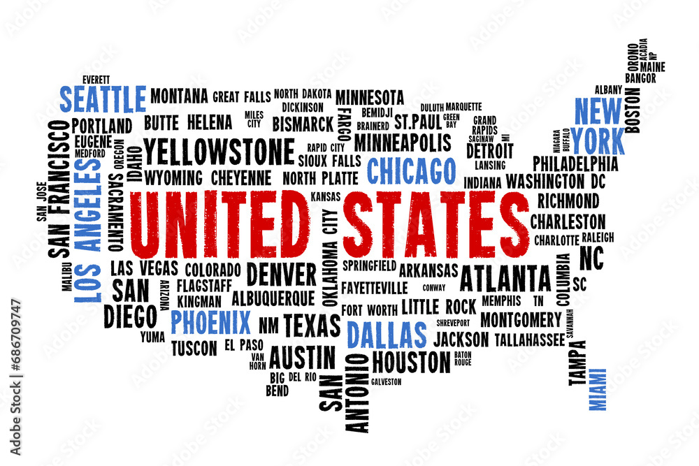 USA word map - city names text map. PNG object with transparent ...