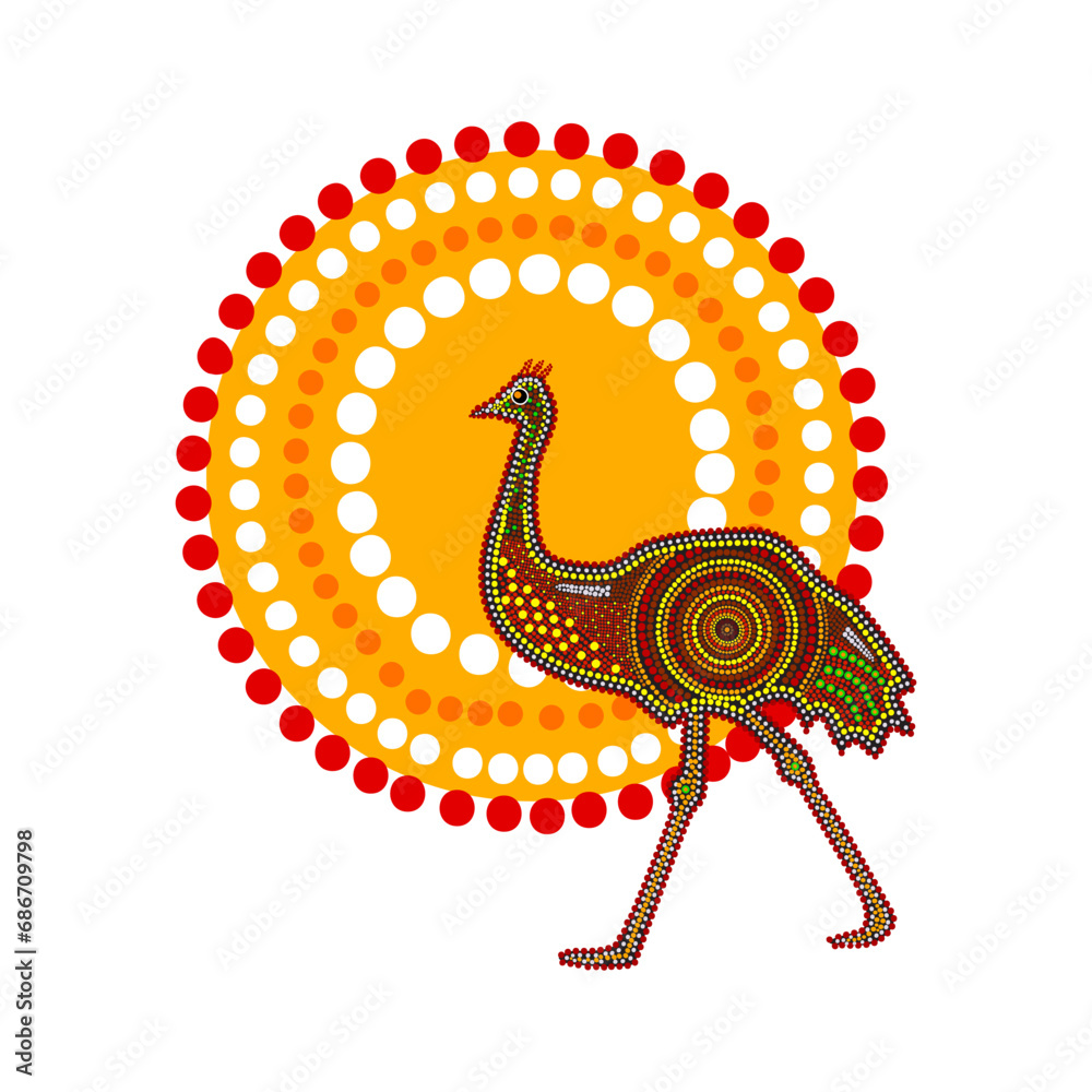 Ostrich and sun in decorative ethnic style on white background ...