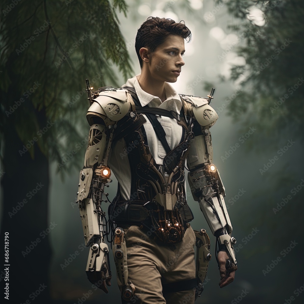 Man wearing high tech exoskeleton. Great for stories on robotics ...