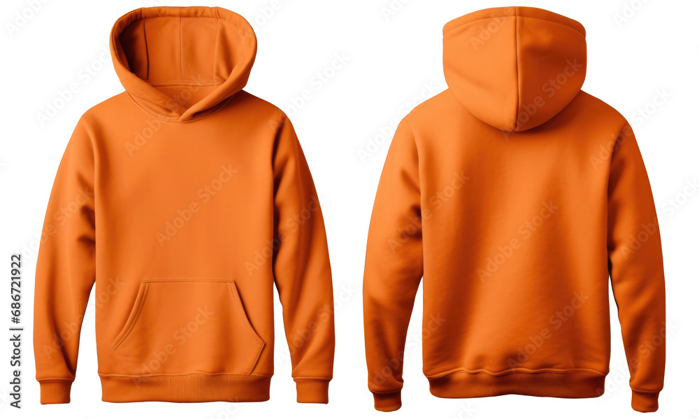 Blank orange hoodie in front and back view, mockup, isolated on ...