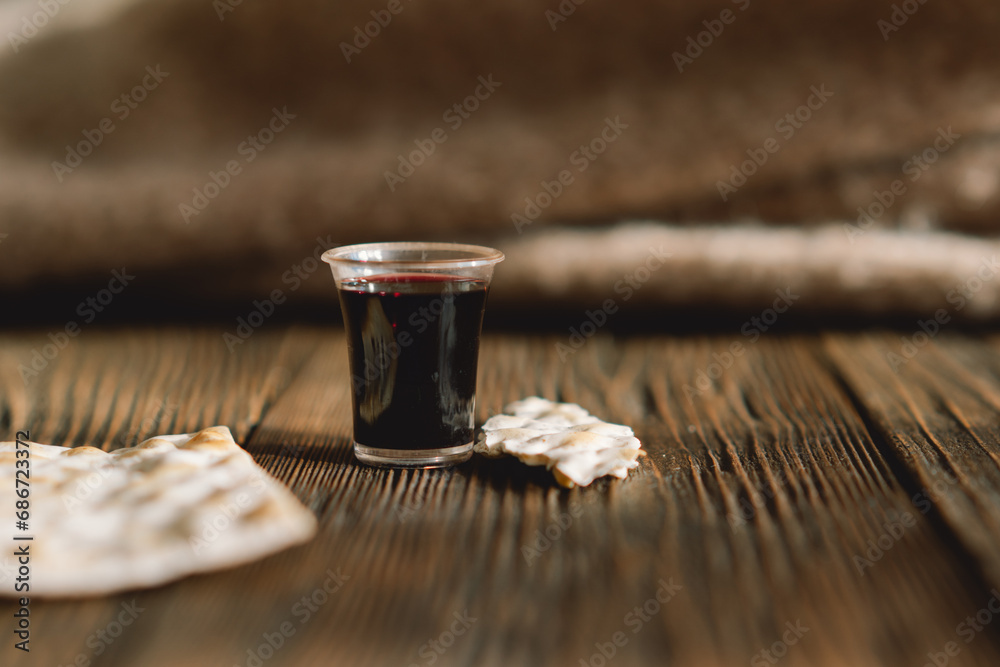 Communion. Religious tradition of breaking bread. Bread and wine as a ...