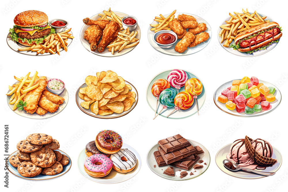 Watercolor Junk Foods Set. Set of Unhealthy Foods Clipart. Unhealthy ...