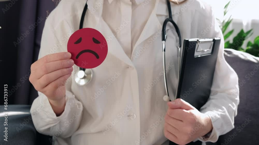 Close-up of woman doctor with stethoscope hold little red angry ...
