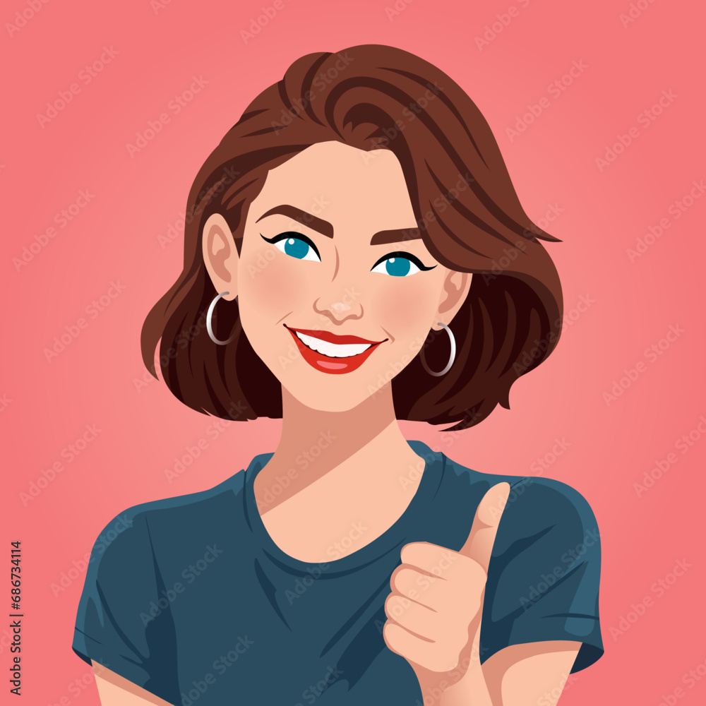 Young girl smiling cheerfully and showing thumbs up positive hand ...