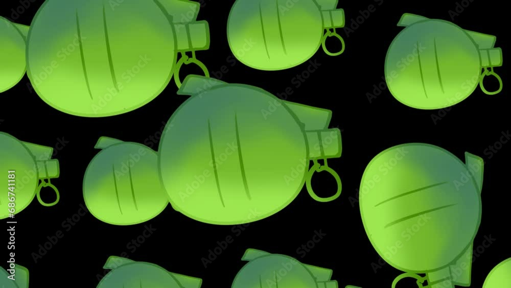 Rotating hand grenades on a black screen. Looping animation with ...