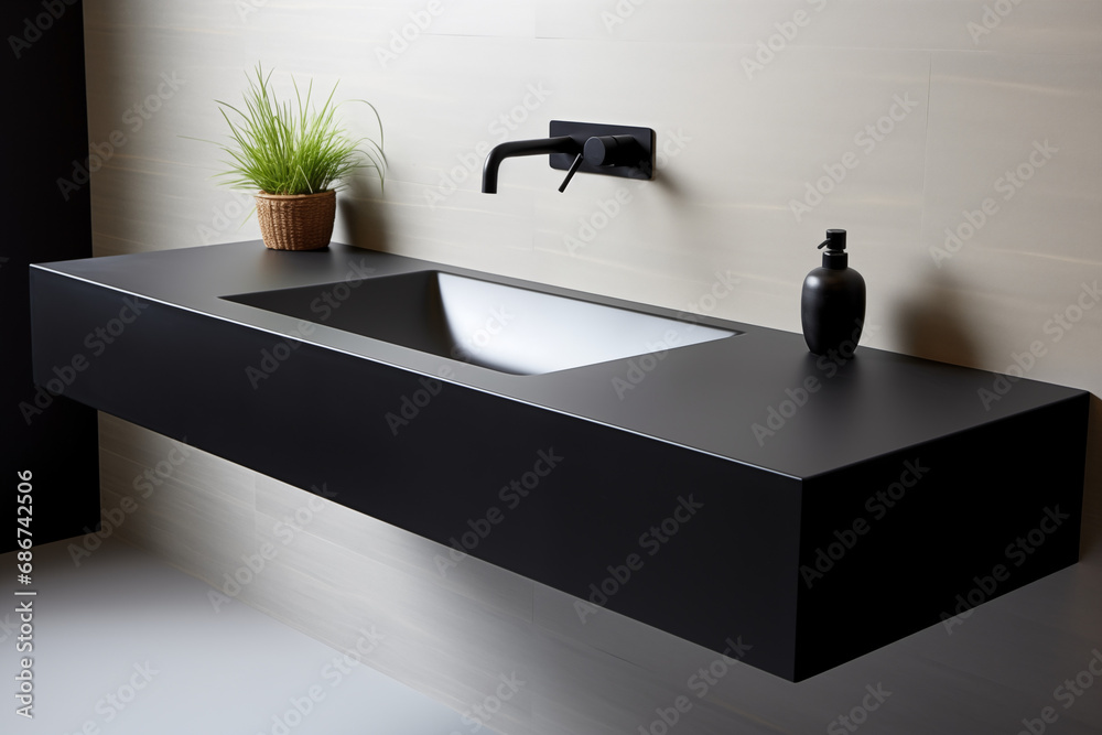 A compact powder room featuring an integrated sink and countertop made ...