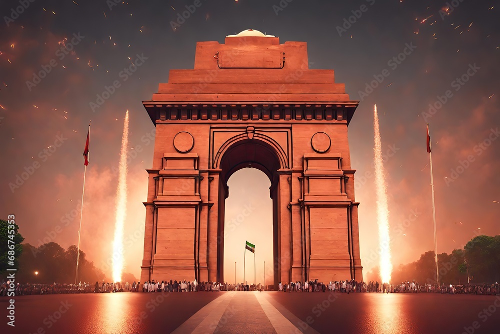 Showcasing the India Gate illuminated with the colors of the Indian ...
