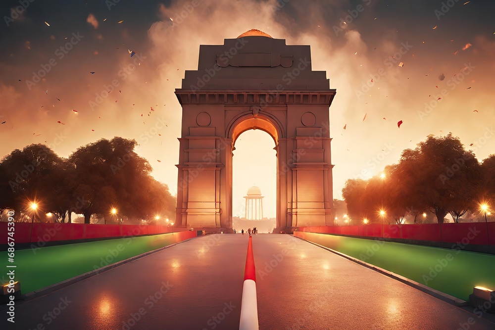 Showcasing the India Gate illuminated with the colors of the Indian ...