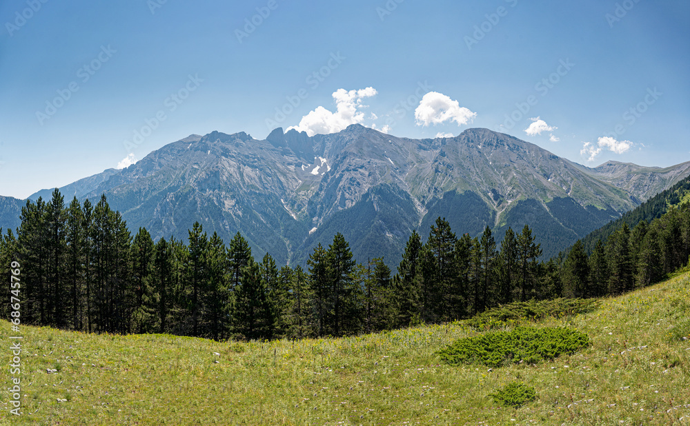 Panoramic distant view of Mount Olympus, the highest mountain of Greece ...