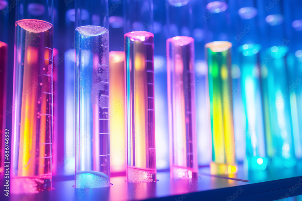 Glass test tubes arranged in a science laboratory, showcasing a setting ...