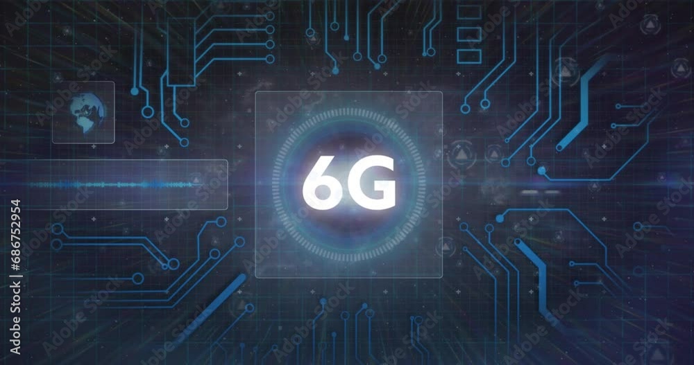 Vidéo Stock Animation of 6g text in circles, glove, soundwave and circuit board pattern over ...