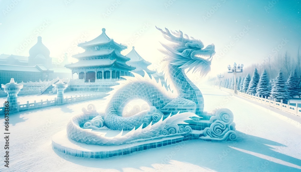Ice festival background in Harbin, China with dragon ice sculpture ...