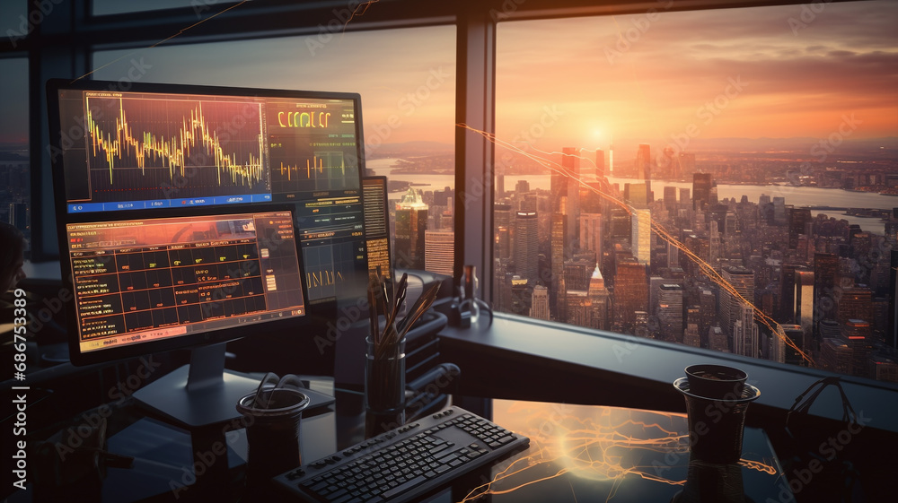 multiple screen graphic markets finance, stock and business on city ...