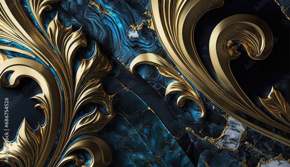 Blue Marble Background with Golden Pattern. Dark Blue Backdrop with ...