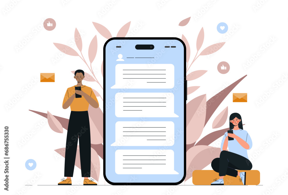 Online communication concept. Man and woman with messages near ...