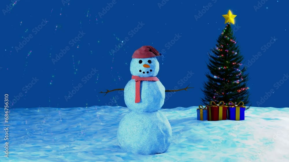 Snow falling over snowman and Christmas tree with fireworks and gift ...