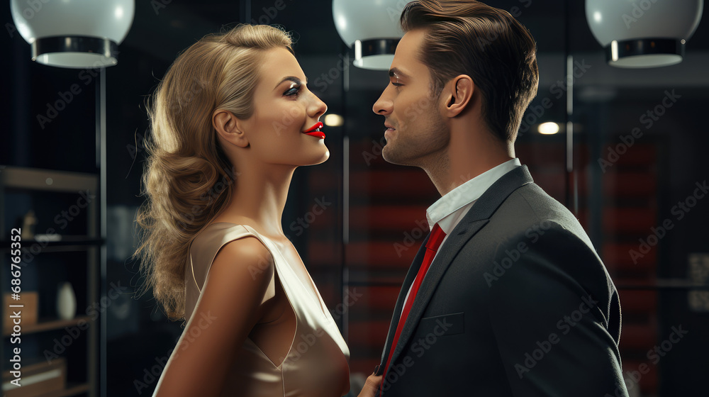 Sexy young woman with bright makeup and red lips talk, smirk and flirt ...