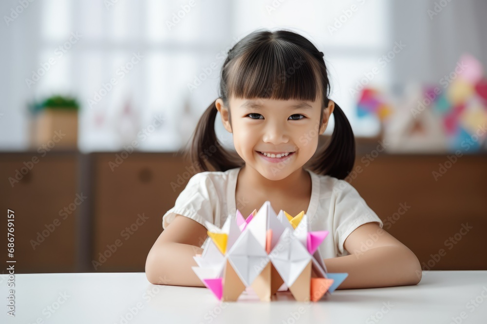 Asian Girl makes an origami figurine. White paper craft in Japanese ...