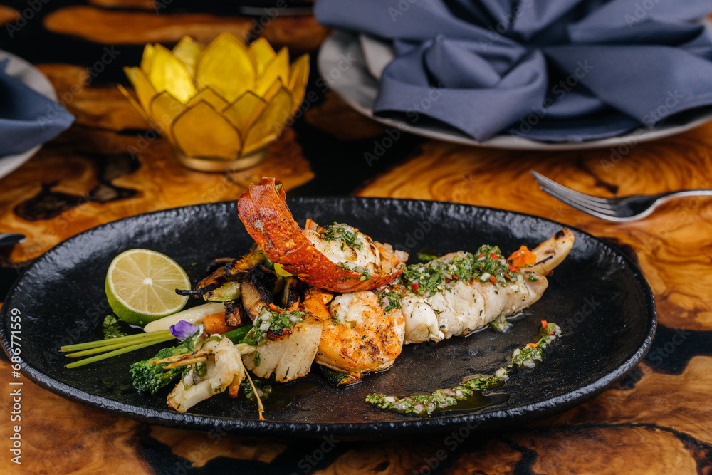 Seafood Mixed Grilled with prawn, shrimp, squid and crab served in dish ...