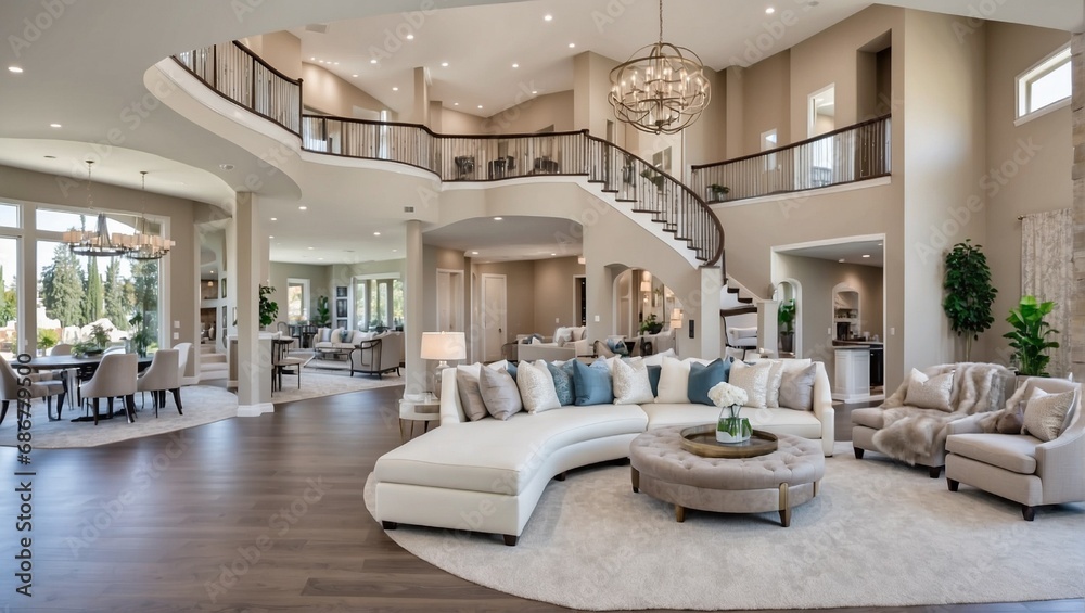 Stunning Panorama of Luxury Home Interior with Open Concept Floor Plan ...