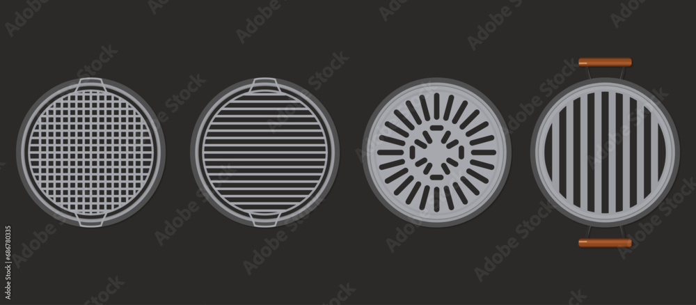 Top view of four round grill grills on black background. Build in ...