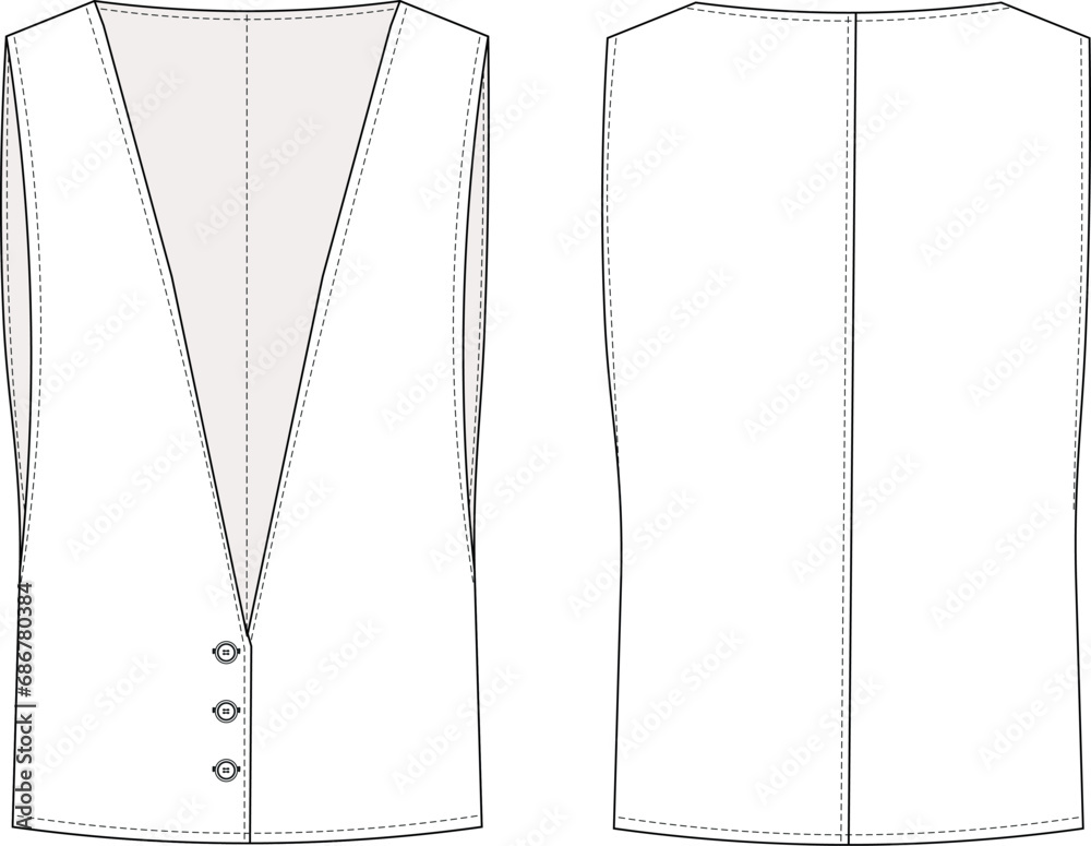 wide v neck oversized vest template technical drawing falt sketch cad ...