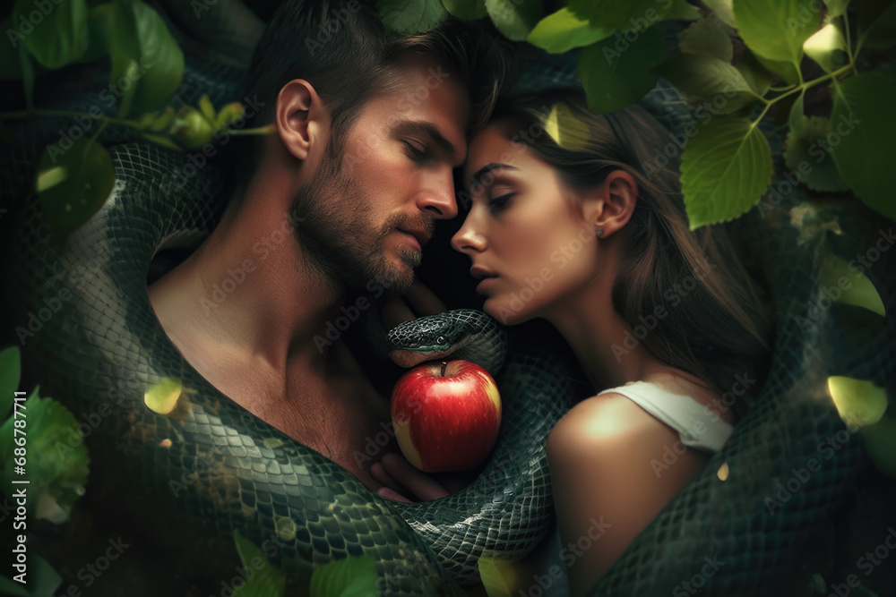 A modern-day Adam and Eve with a serpent and an apple, evoking the timeless tale of temptation ...