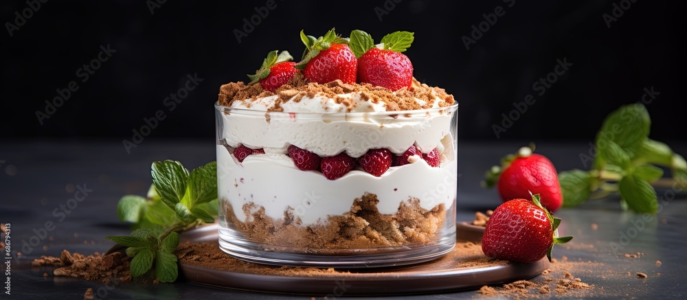 Italian strawberry tiramisu dessert with mascarpone and whipped cream ...