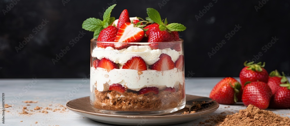 Italian strawberry tiramisu dessert with mascarpone and whipped cream ...