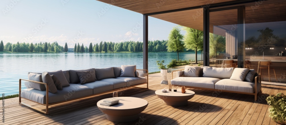 Luxurious summer house with lake view wooden terrace gray sofa and a 3D ...