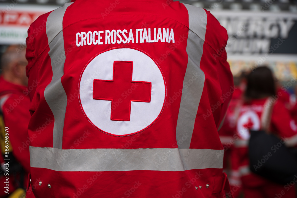 Udine Italy_October 23 2023. detail of the Italian red cross uniform ...