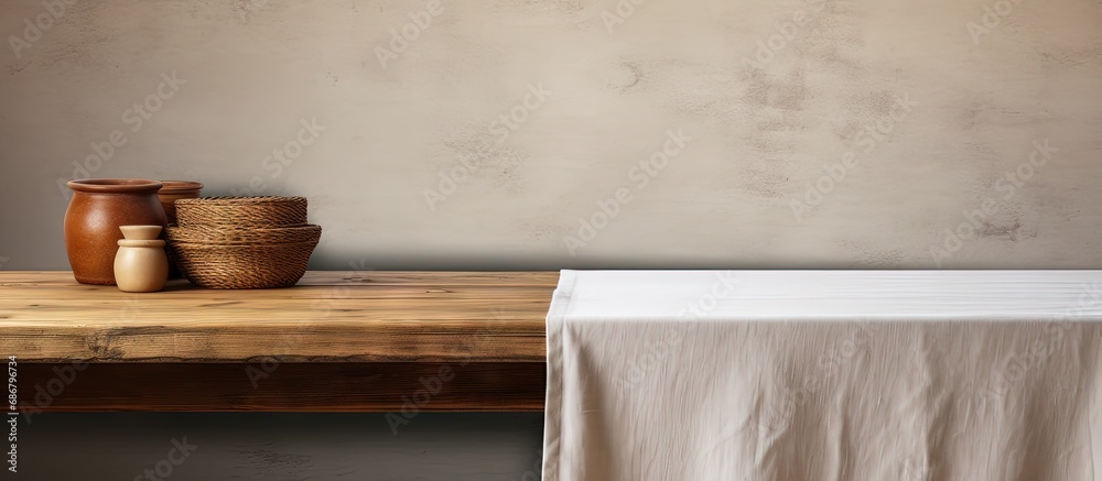 Mock kitchen design display with empty podium on rustic wall background ...