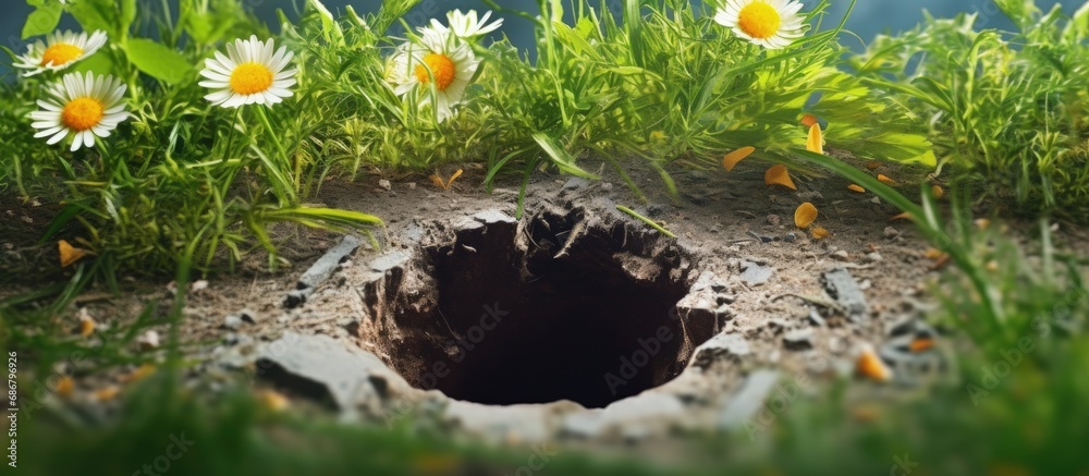 Landscaping weed barrier with hole on ground Copy space image Place for ...