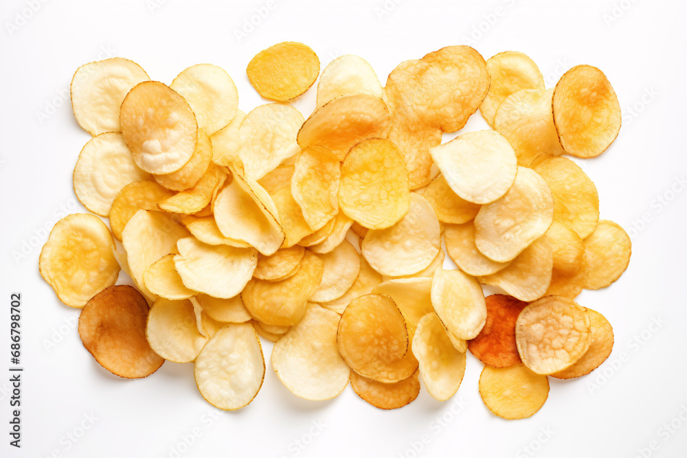 An accumulation of differing salted crisps isolated on a white color ...