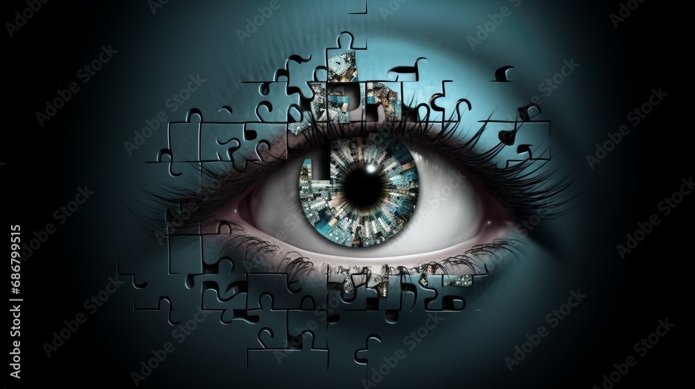 Human eye, partially composed of puzzle pieces, symbolizing the concept ...