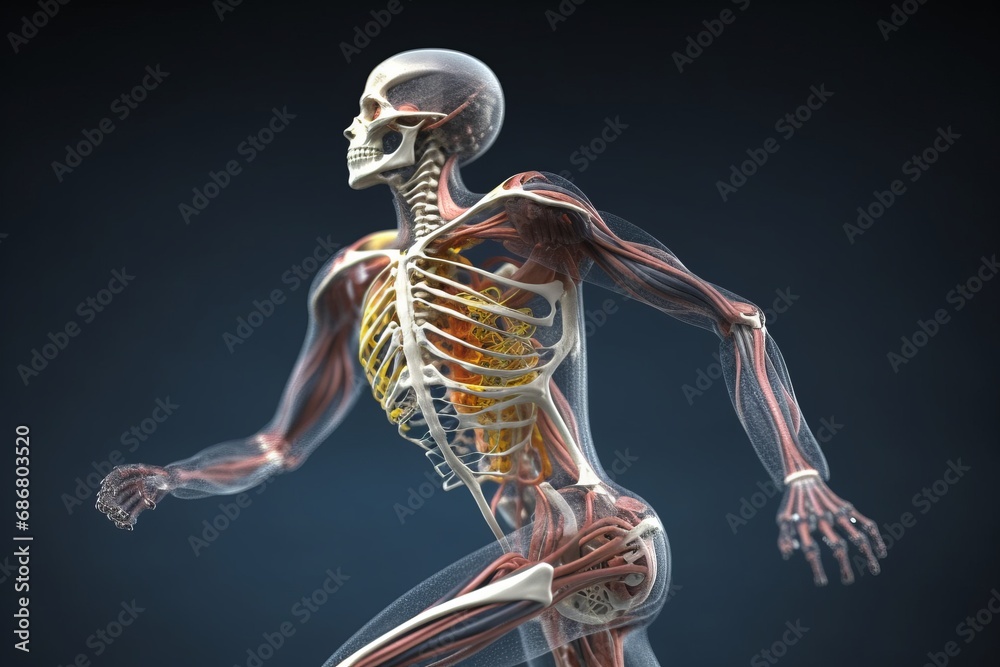 Anatomical illustration of a human skeleton with nerves, muscles, and ...