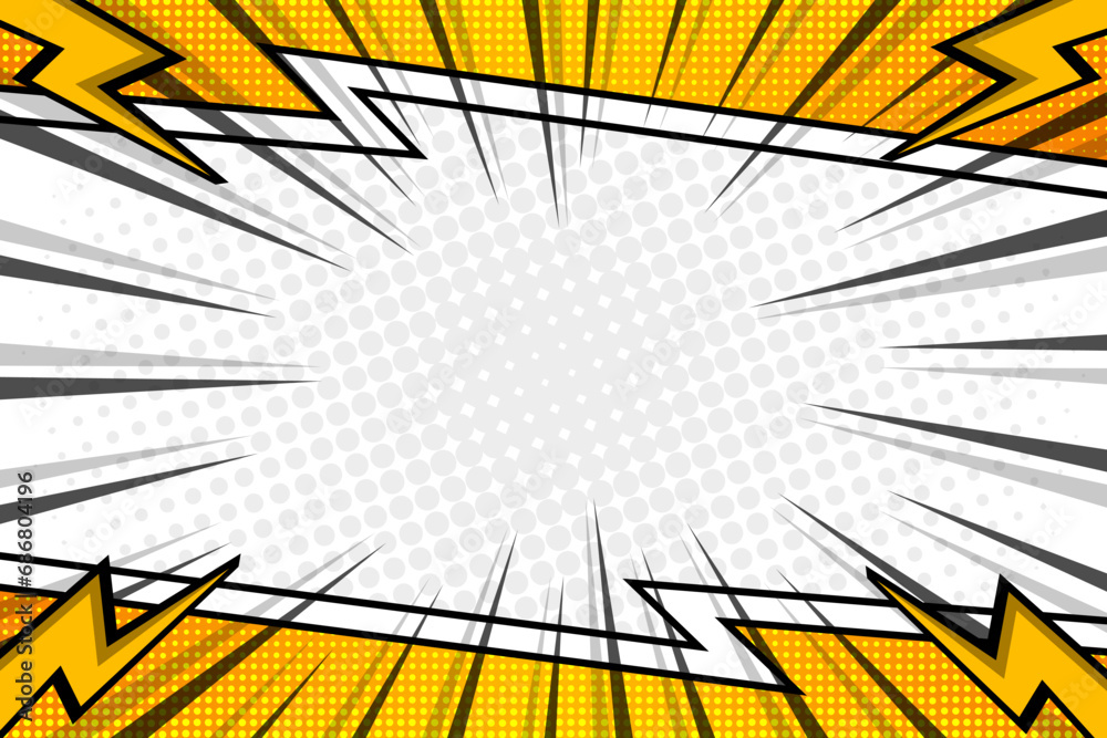 Blank yellow comic cartoon frame background template with lightning ...